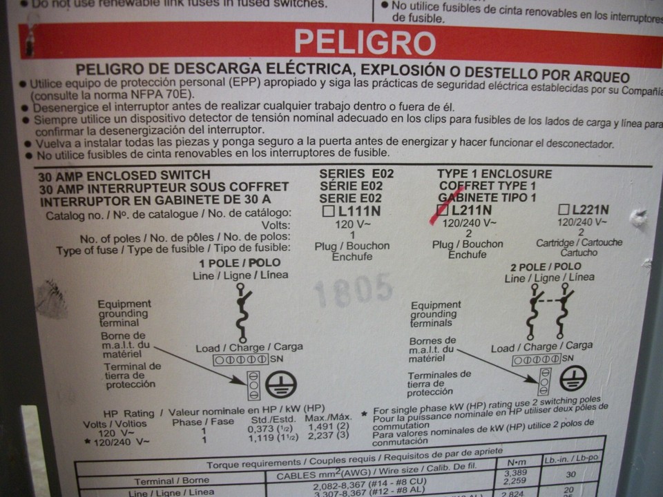 SQUARE D DISCONNECT TYPE 1 L211N 30AMP 240VOLT 2POLE FUSIBLE | eBay