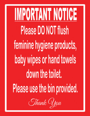Sign Adhesive Sticker Notice Do Not Flush hygiene products wipes down ...