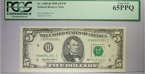 1995 $5 St. Louis PCGS 65 PPQ Lucky 8's Fancy Serial Number 88881351 | eBay