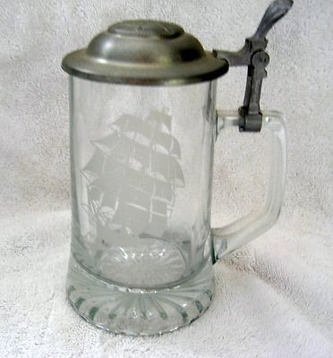 CUI Old Spice Lidded Beer Stein Clear Glass Etched Clipper Ship Ariel ...