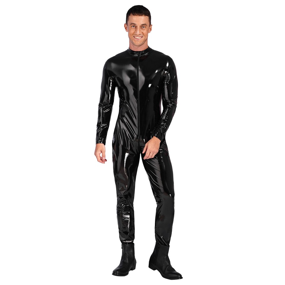 UK Sexy Men's Shiny Leather Long Sleeve Bodysuit Unitard Zipper Crotch ...