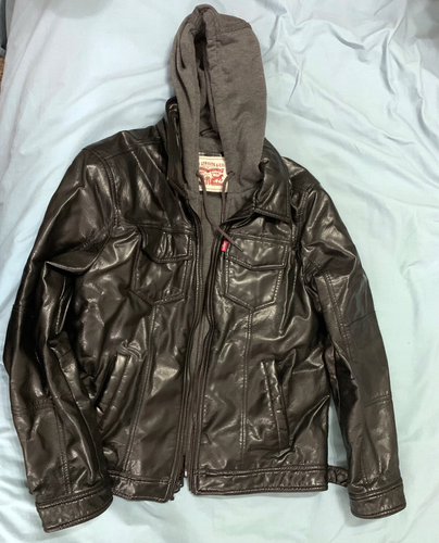 LEVIS JEANS DOUBLE LAYER ZIP UP LEATHER HOODIE JACKET M ROCK METAL | eBay