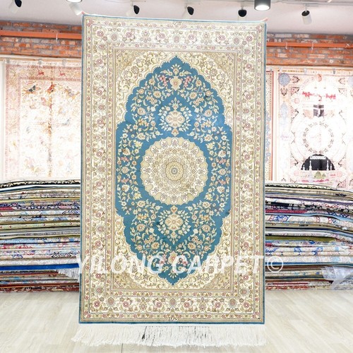 3x5ft Blue Handcraft Carpet Strip Hand Knotted Villa Silk Area Rug ...