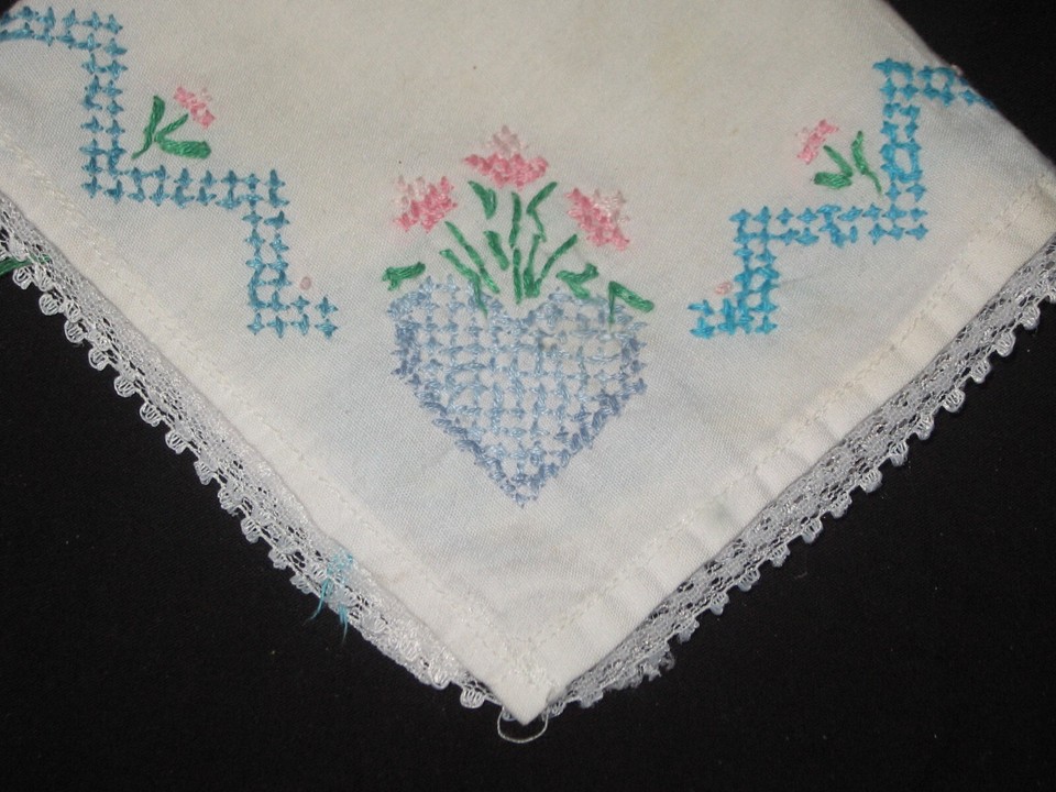 Hand Embroidered Border Hankie Handkerchief Blue Heart Petite Pink ...