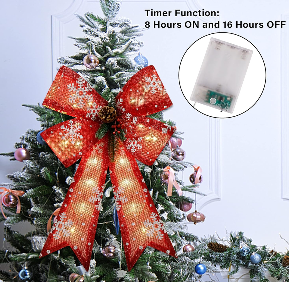Christmas Tree Topper/Bow Decoration w/LED Lights & Timer | eBay