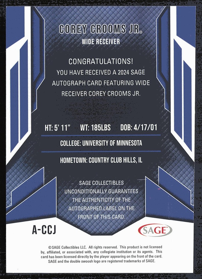 2024 Sage #A-CCJ Corey Crooms Jr. Auto /100 | eBay