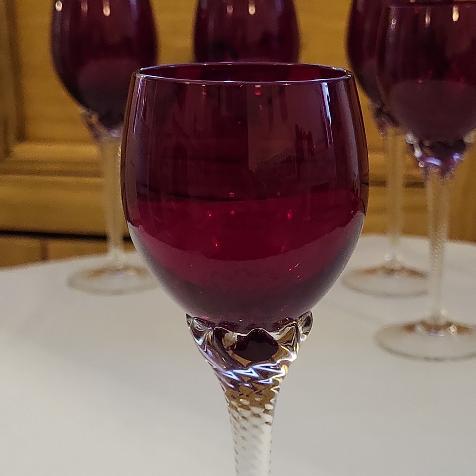 vintage French 6 x Ruby Red Wine and Sherry Glasses With Clear Twisted ...