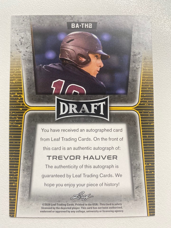 2020 Leaf Draft #BA-TH2 Trevor Hauver Auto Texas Rangers & Arizona ...