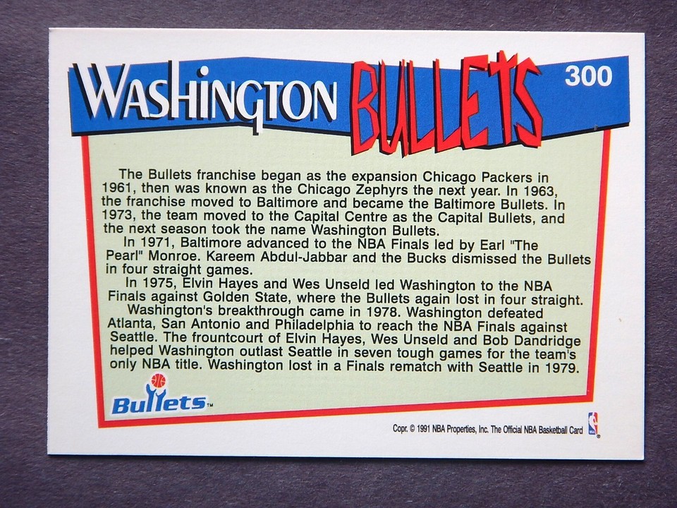 Bullets Team #300 NBA Hoops 1991 Basketball Card (Washington Bullets ...