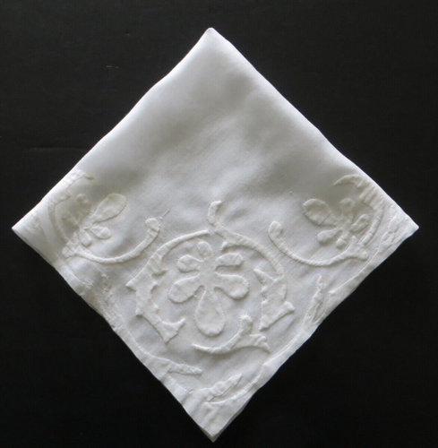 Vintage white on white hanky handkerchief cotton scroll minor problems ...