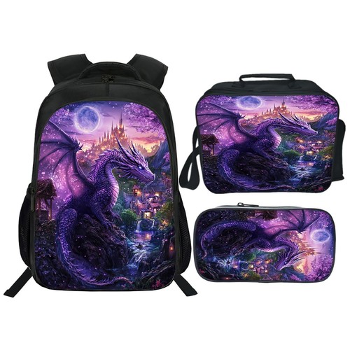 Purple Dragon Backpack Set for Boys Girls 3PCS Cool Castle School Bag ...