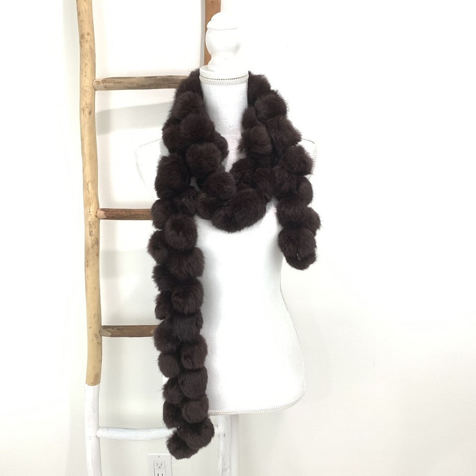 Cejon Genuine Rabbit Fur Scarf Chocolate Brown Pom Pom Long Style | eBay
