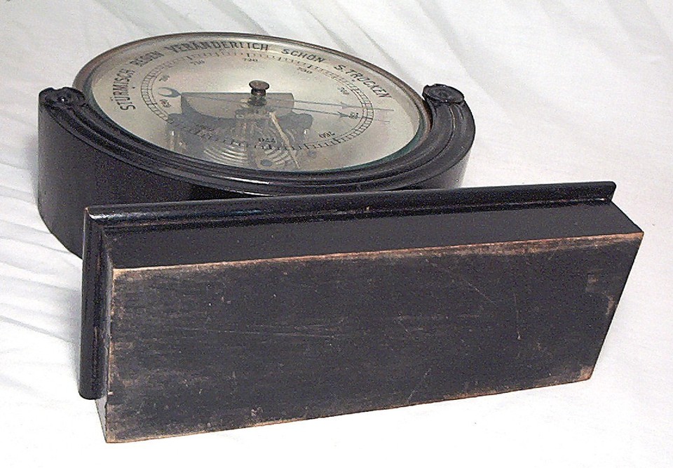LARGE ANTIQUE VERANDERLICH 8" ANEROID BAROMETER W/ FANCY BLACK ENAMEL ...
