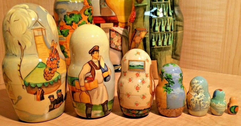BORIS KUSTODIEV PAINTING 10" EUROPEAN NESTING DOLL MATRYOSHKA 10PC RARE ...
