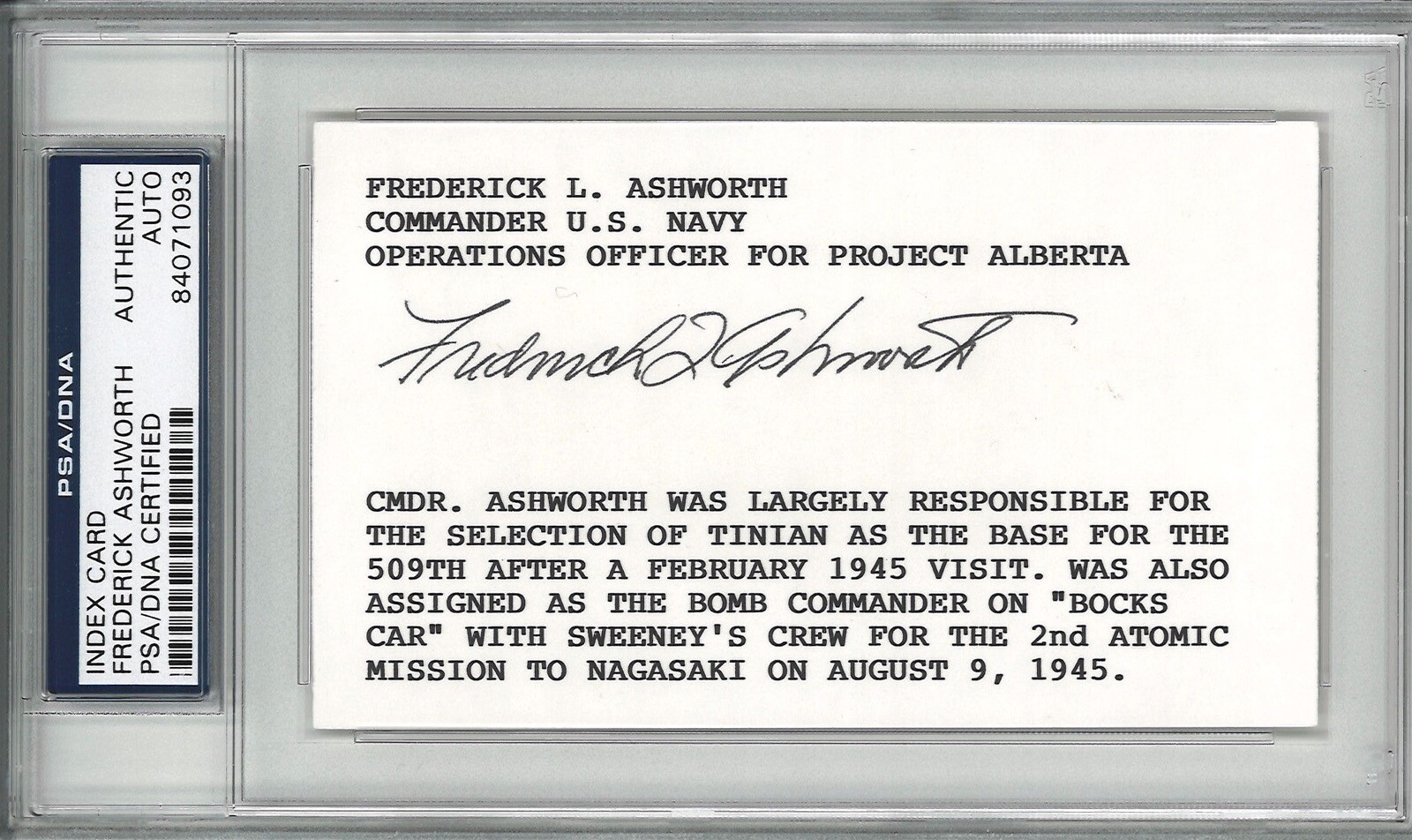 FREDERICK ASHWORTH SIGNED INDEX CARD PSA DNA 84071093 (D) WWII PROJECT ...