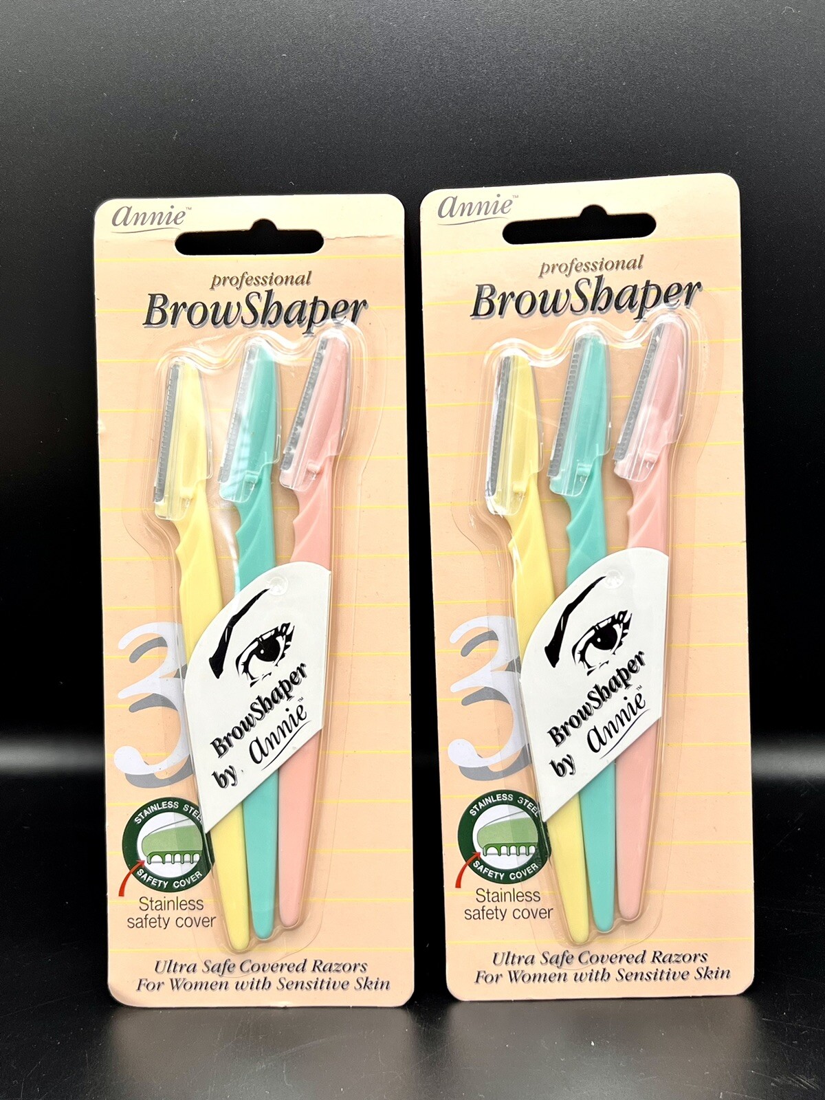 BRAND NEW ANNIE EYE BROW RAZORS #5133 YELLOW GREEN PINK W/SAFTEY COVER ...