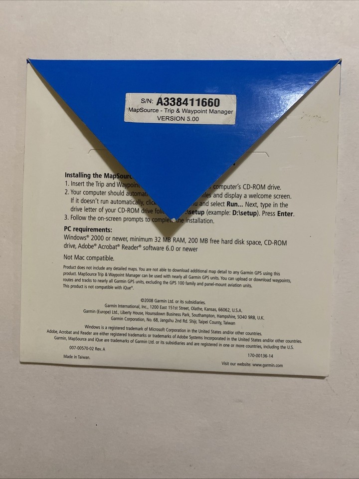 Garmin MapSource Trip & Waypoint Manager CD v5.0 Works W/ Windows 2000 ...