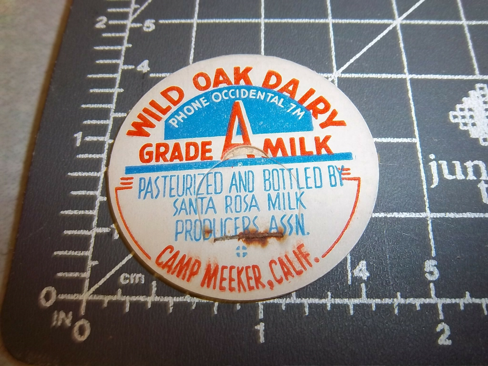 Milk Bottle Cap from Wild Oak Dairy, Camp Meeker California, Grade A ...