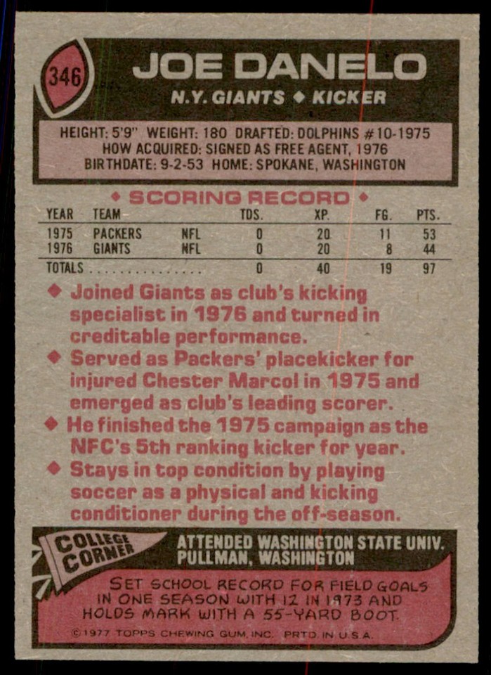 1977 TOPPS JOE DANELO RC NEW YORK GIANTS #346 | eBay