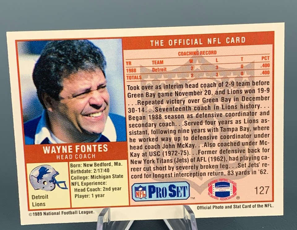 1989 NFL Pro Set Wayne Fontes Coach Card #127 Detroit Lions Football ...
