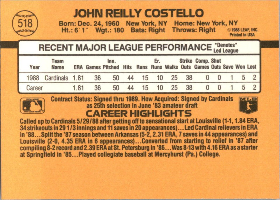1989 Donruss #518 John Costello RC St. Louis Cardinals Rookie Baseball ...