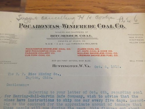 Pocohantas-Winifrede Coal Company Huntington, WV Letterhead Ephemera ...