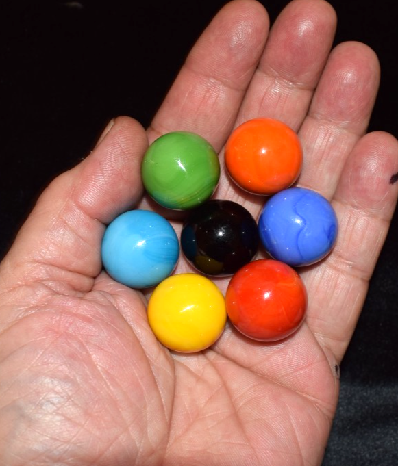 Lot of 7 Vacor Opaque Mixed 🟢🟡🔴Colors Marbles 👀⏩Shooter Size .875"=7/8 ...