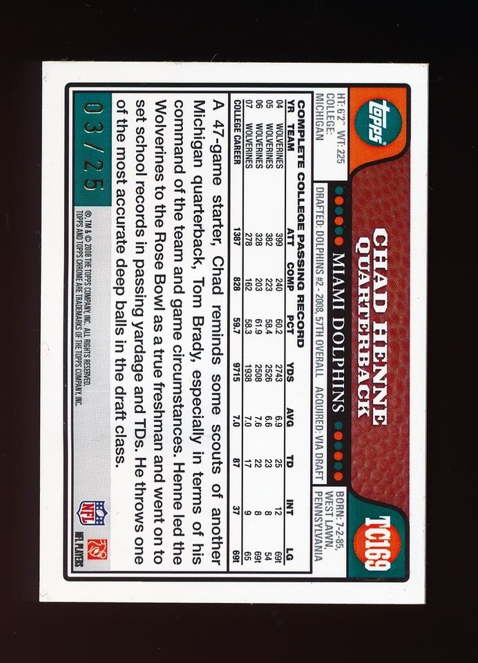 CHAD HENNE 2008 TOPPS CHROME REFRACTOR PATCH AUTOGRAPH AUTO RC #/25 ...