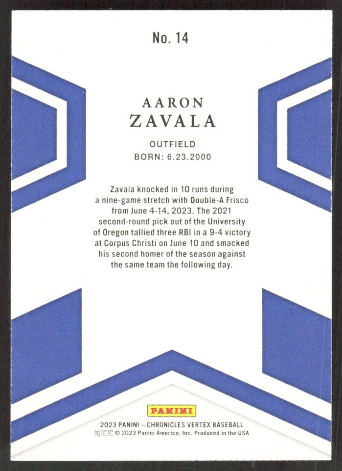 2023 6288B Panini Chronicles Vertex Aaron Zavala Texas Rangers #14 | eBay