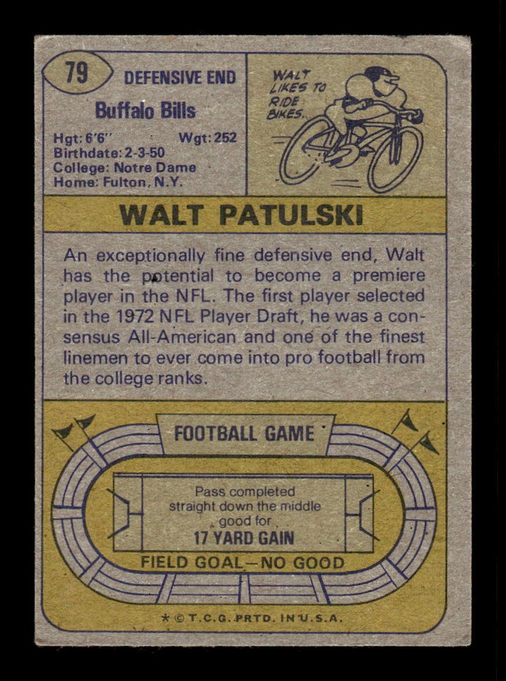 1974 Topps Football #79 Walt Patulski Buffalo Bills | eBay