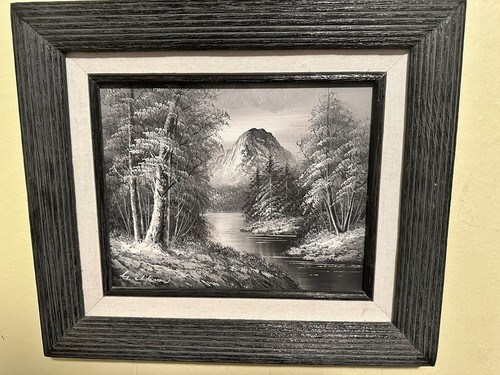 G. Whitman Signed Mountain River Landscape Framed Black And White Oil ...
