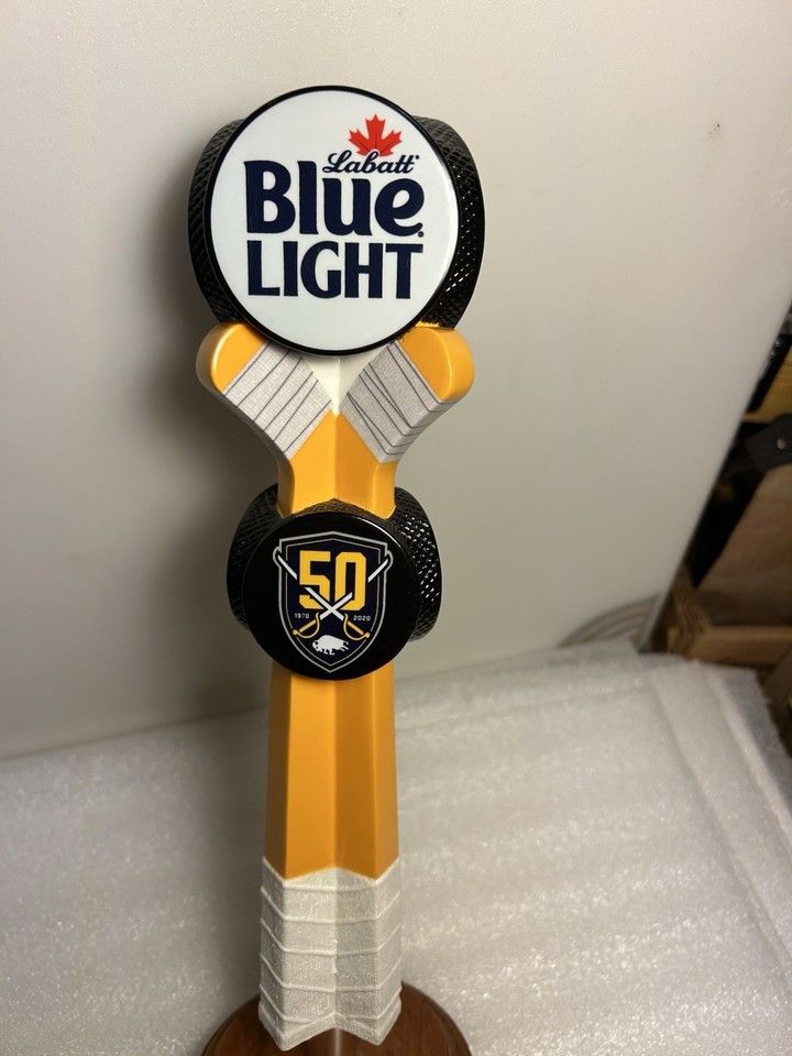 LABATT BLUE LIGHT BUFFALO SABRES 3 HOCKEY STICKS AND PUCKS beer tap ...