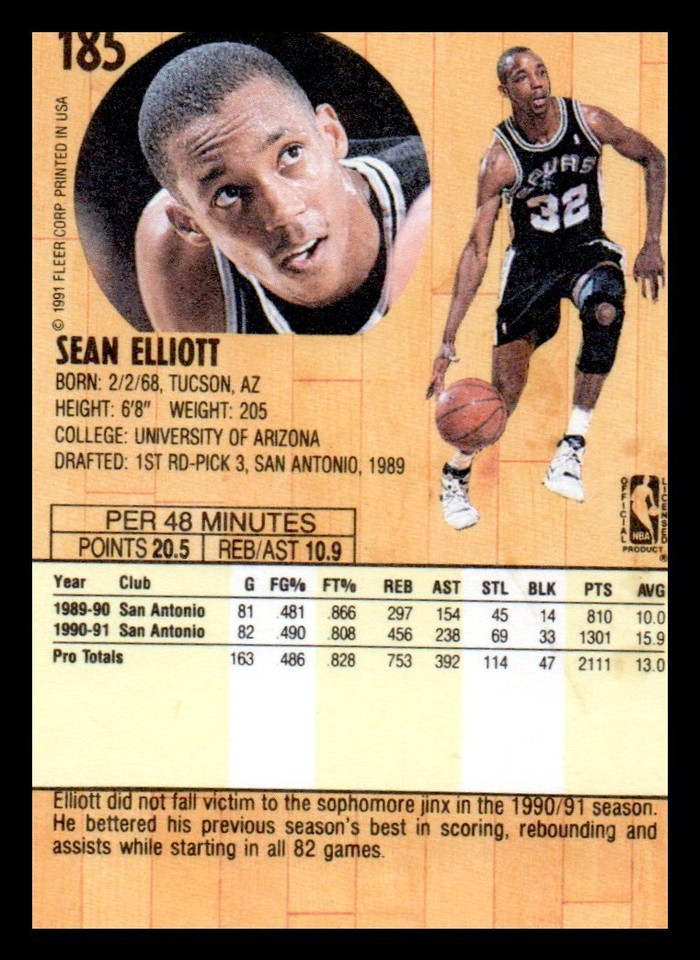 1991-92 Fleer #185 Sean Elliott NBA Basketball San Antonio Spurs | eBay
