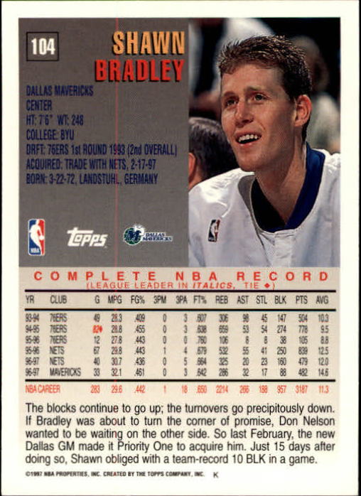 1997-98 Topps Dallas Mavericks Basketball Card #104 Shawn Bradley | eBay