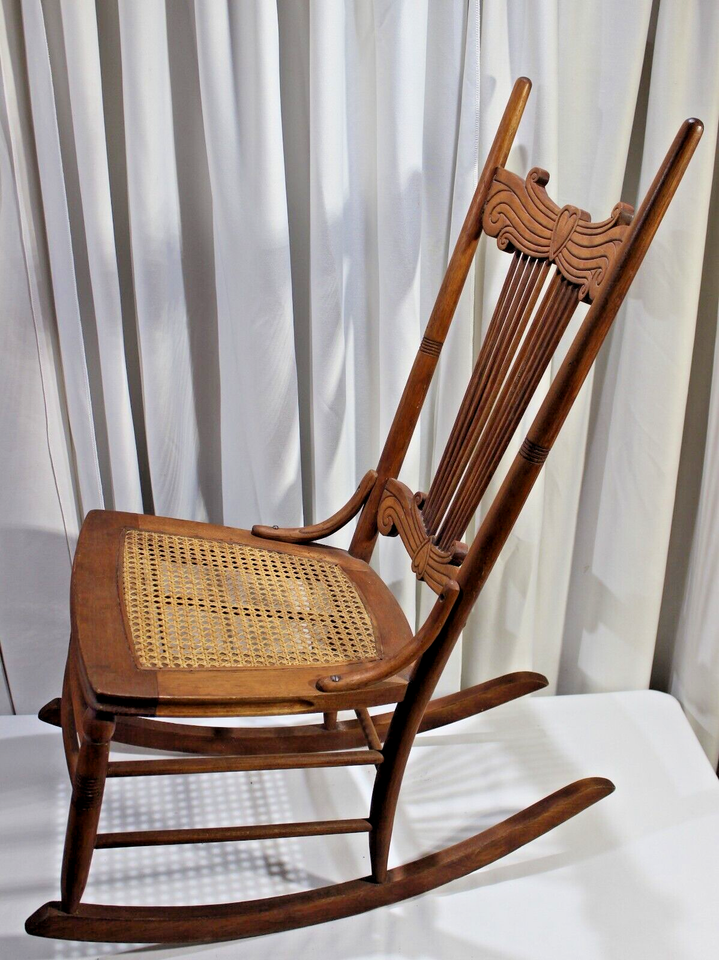 Antique Victorian Pressed Back Carved Oak Wood Rocking Chair Cane Seat ...