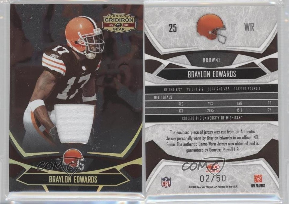 2008 Donruss Gridiron Gear Materials Jerseys Prime 2/50 Braylon Edwards ...
