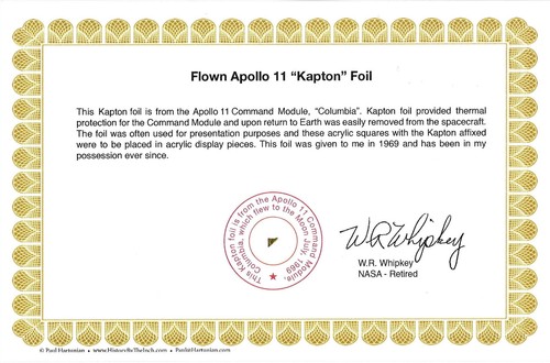 Apollo 11 Columbia-Genuine Gold Kapton Foil flown around the moon-COA ...