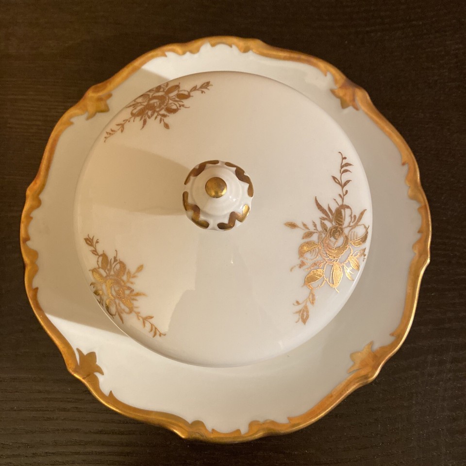 VVINTAGE GERMAN PORCELAIN REICHENBACH GOLD WHITE FLORAL COVERED BUTTER ...