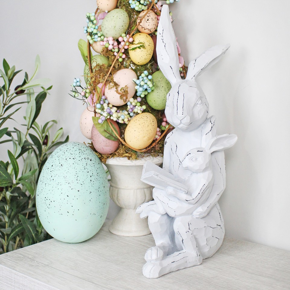 Easter Reading Rabbit Figurine with Baby Rabbit, Farmhouse White Bunny ...