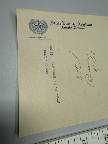 1908 State Lunatic Asylum Austin Texas TX Old Vintage Letterhead ...
