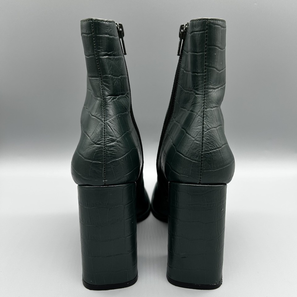 ASOS Design Ankle Boots Leather Green Crocodile Square Toe Block Heel ...