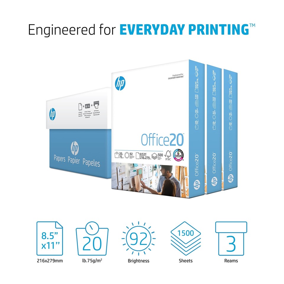 HP Printer Paper | 8.5 x 11 Paper | Office 20 lb | 3 Ream Case - 1500 ...