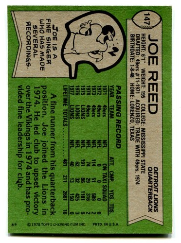 1978 Topps #147 Joe Reed Football Card - Detroit Lions | eBay