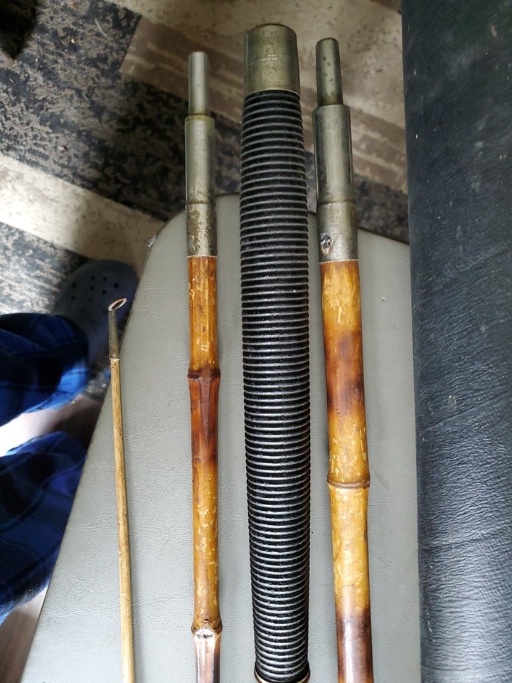 Vintage Bamboo Cane Pole Fishing Rod 4 Piece 12Ft with Eyelets and Wood ...