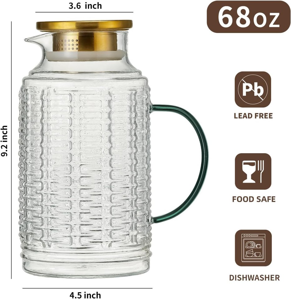 Glass Pitcher with Lid, 2 PACK 68 oz/2L Liter Vintage Water Pitcher ...
