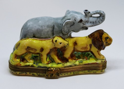 LIMOGES FRANCE BOX - ELEPHANT & LION & LIONESS - AFRICAN JUNGLE ANIMALS ...