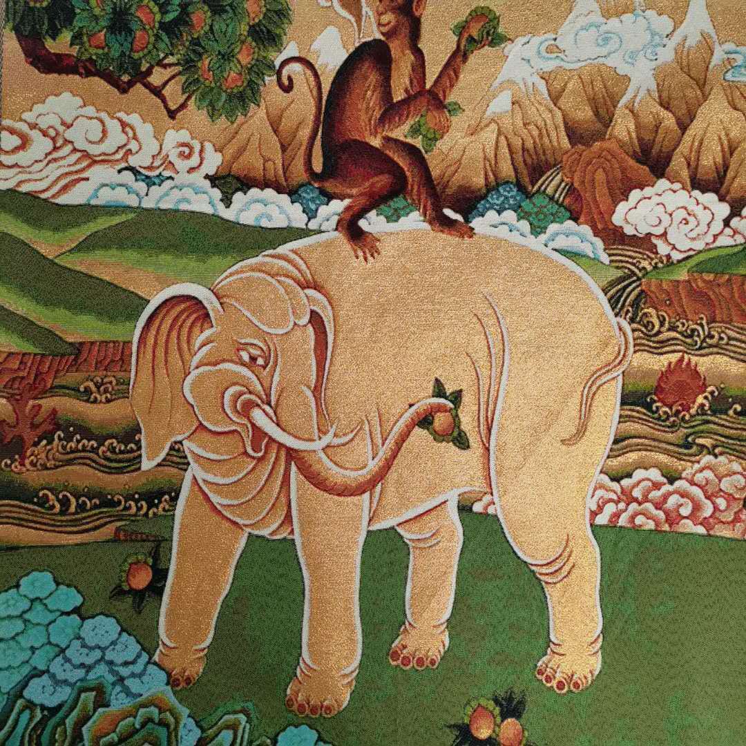 36" Tibet Tibetan Cloth Silk Elephant Monkey Rabbit Peafowl Tangka ...