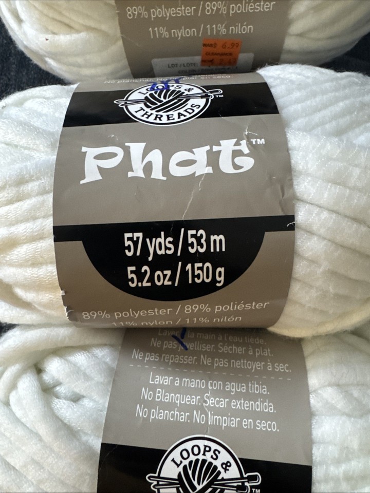Lot 3 Skeins Loops & Threads “PHAT” WhitePolyester Nylon Bulky Yarn 171 ...