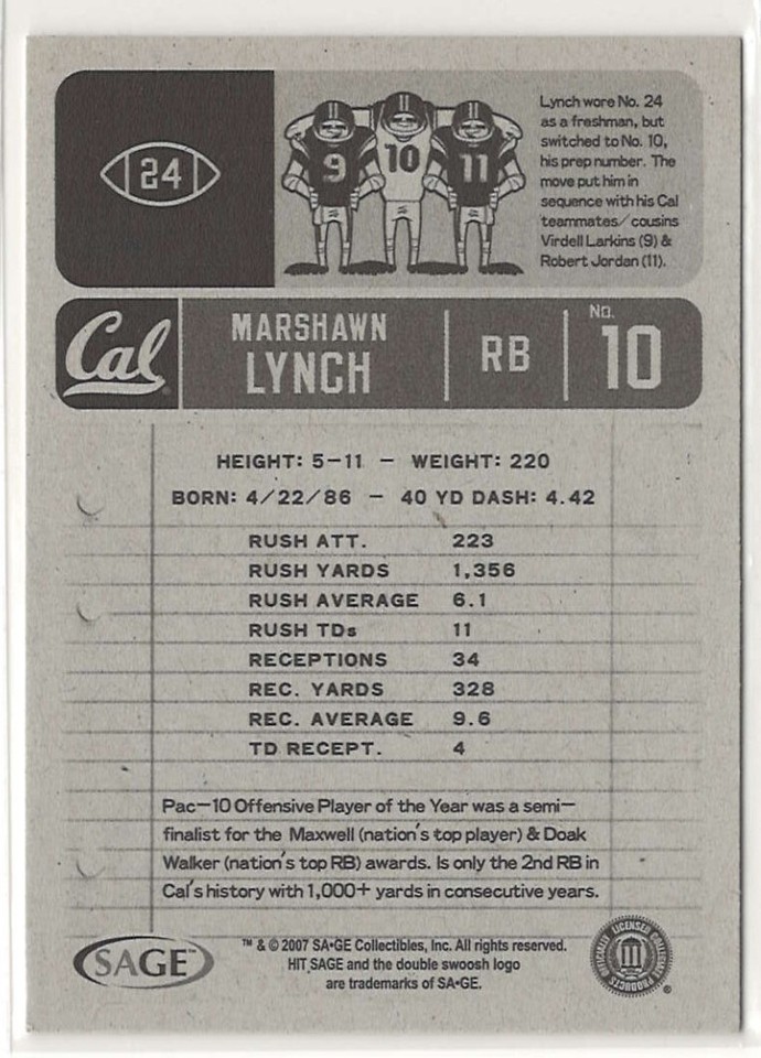 2007 SAGE Hit Football #24 Marshawn Lynch Buffalo Bills Cal Bears RC ...