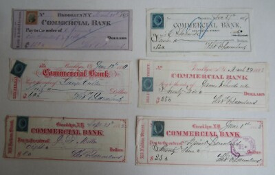 6 Old 1870's-80's - Brooklyn N.Y. - BANK CHECKS - Revenue Stamp - Tho ...